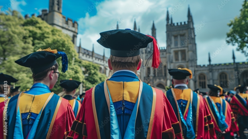 Back view of university graduates wearing gowns and caps on graduation ...