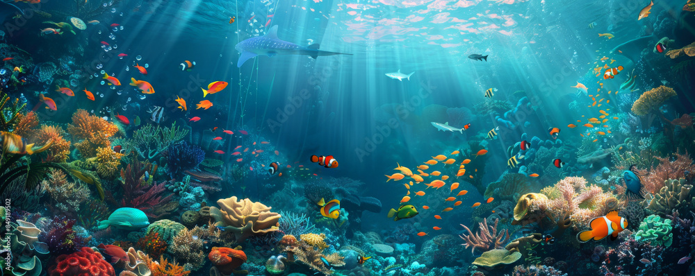 Tropical underwater background with colorful coral reefs and tropical ...
