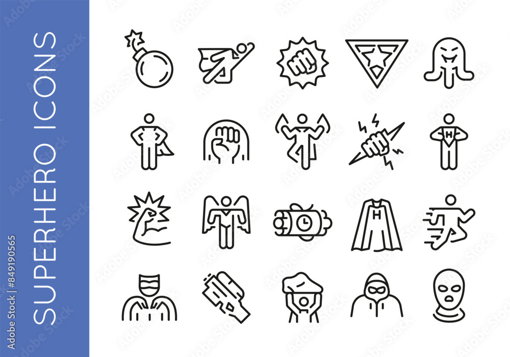 Superhero icons. Set of 20 superhero trendy minimal icons. Example ...