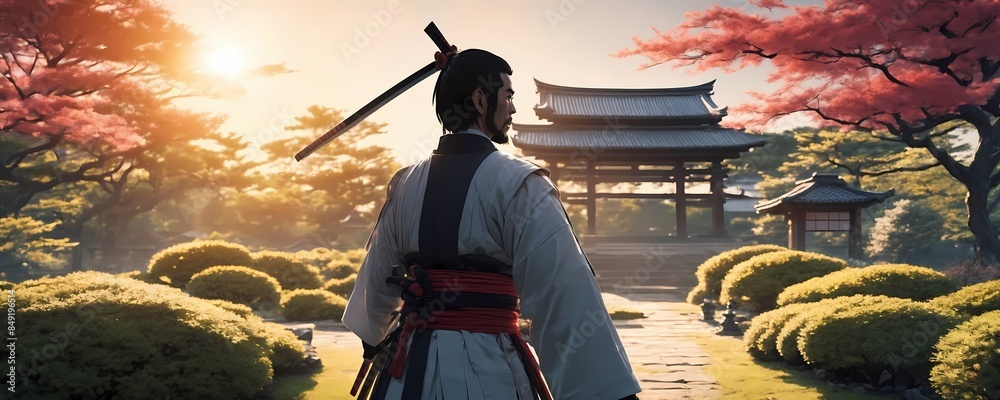 Manga Samurai Fighter standing in traditional japanese garden with ...