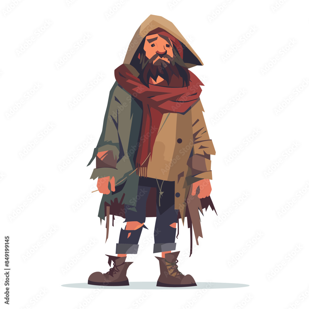 Vetor de Homeless man standing alone, looking tired disheveled, wearing ...