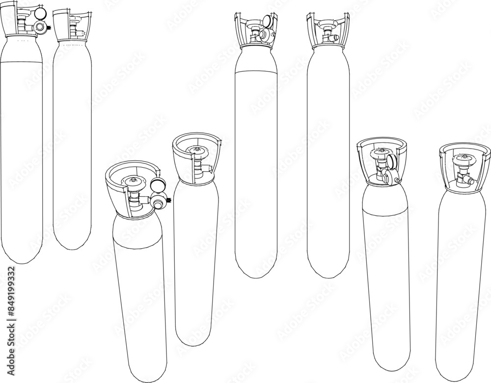Vector illustration sketch drawing detailed design of oxygen cylinder ...