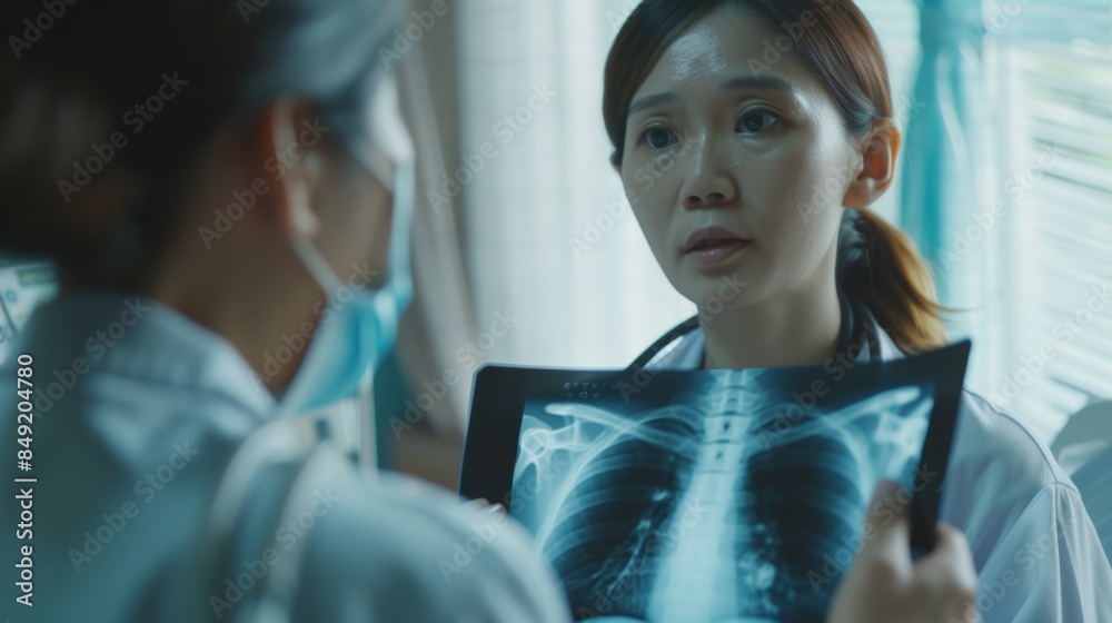 Photograph of a young Asian female doctor showing lung x-ray results ...