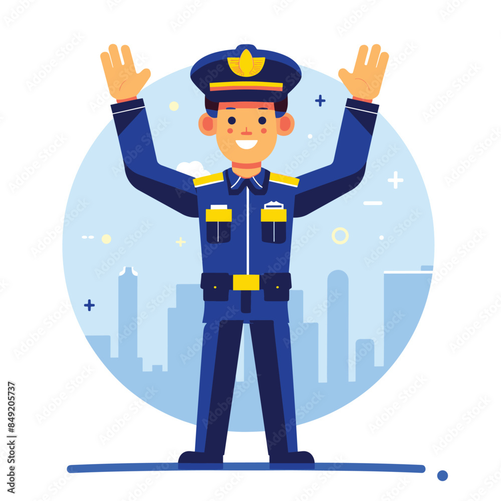 Police officer cartoon directing traffic cityscape background. Male cop ...