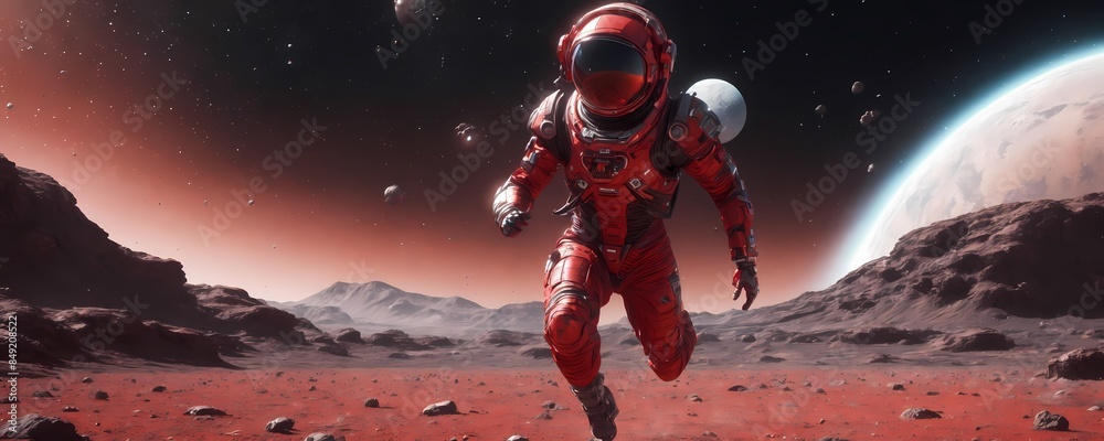 Astronaut in red space suit on martian like planet. Extremely detailed ...
