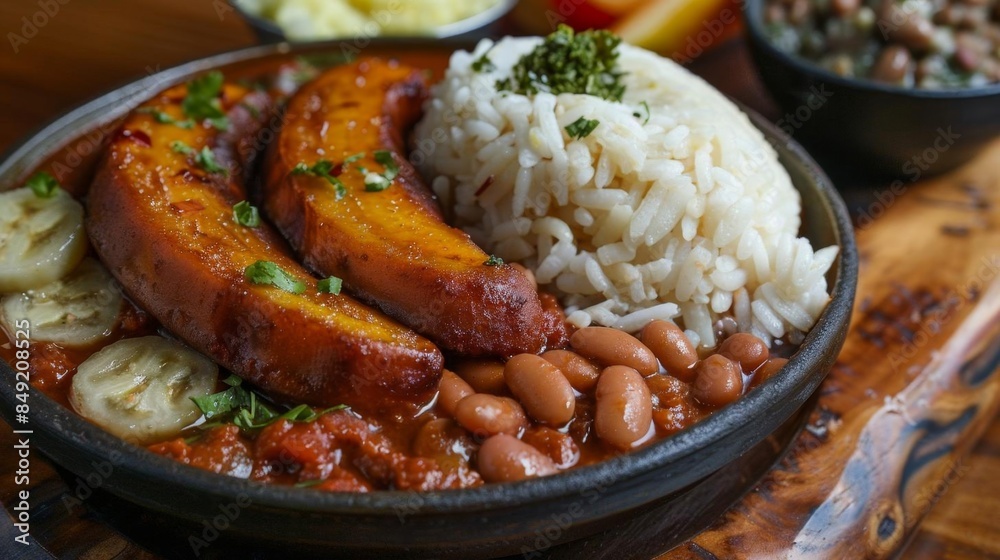 Colombian national dish Bandeja Paisa beans rice chorizo plantain pork ...
