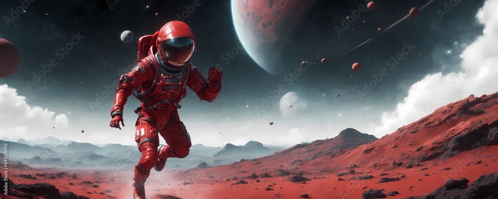 Astronaut in red space suit on martian like planet. Extremely detailed ...