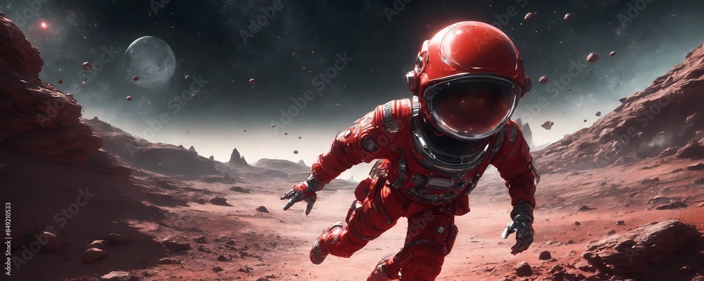 Astronaut in red space suit on martian like planet. Extremely detailed ...