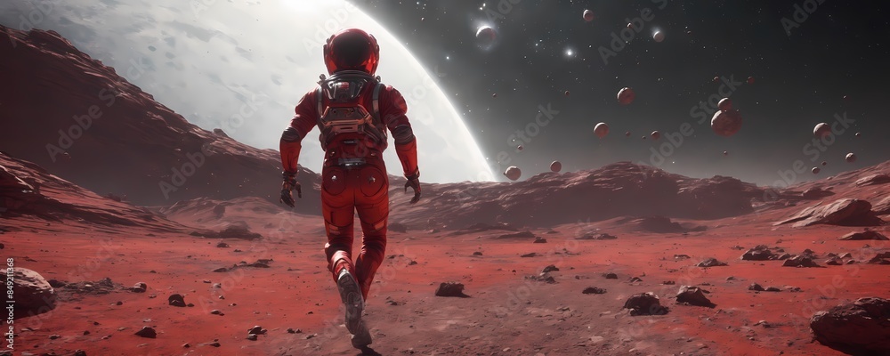 Astronaut in red space suit on martian like planet. Extremely detailed ...