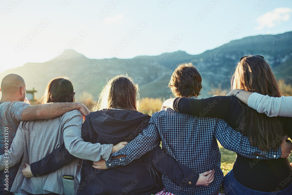 Friendship, sunset and group in nature with hug for adventure, travel ...