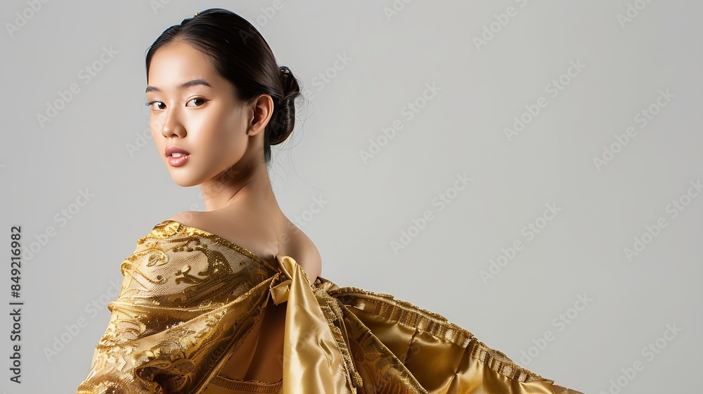 A fashionable Filipino woman showcases a luxurious gold Filipiniana ...