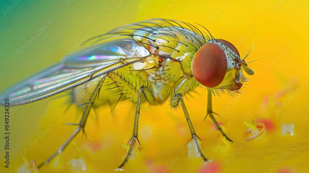 A close-up view of a Drosophila , an insect belonging to the phylum ...