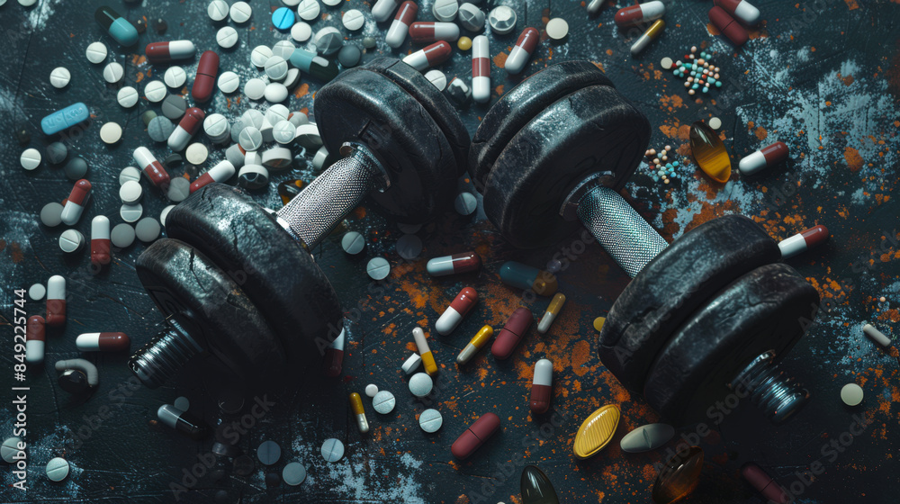 There are two dumbbells on the gym floor. A bunch of different pills ...