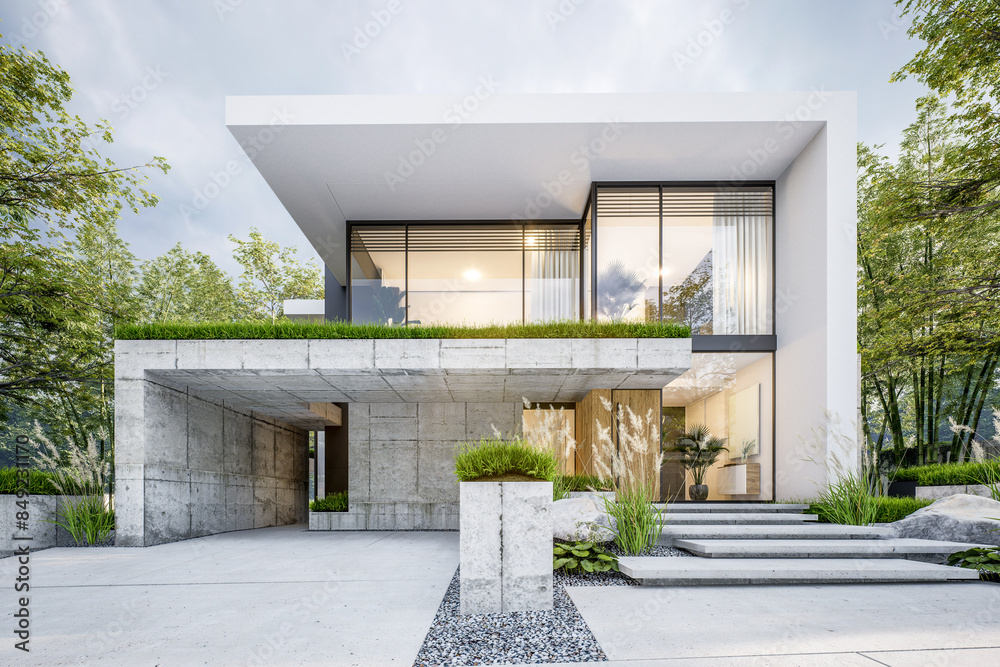 3d rendering of flat roof house with parking and pool for sale or rent ...