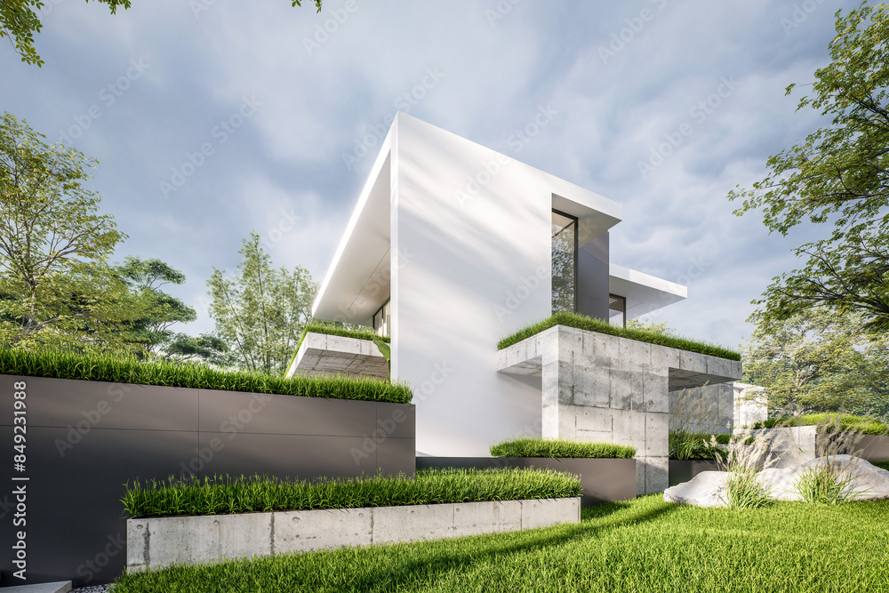 3d rendering of flat roof house with parking and pool for sale or rent ...