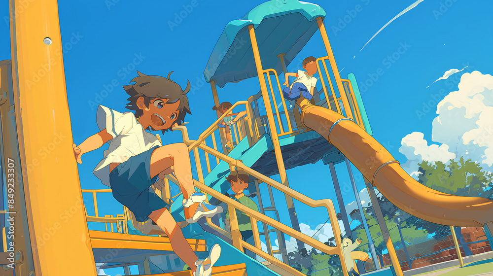 happy children playing on the playground, anime style Stock ...