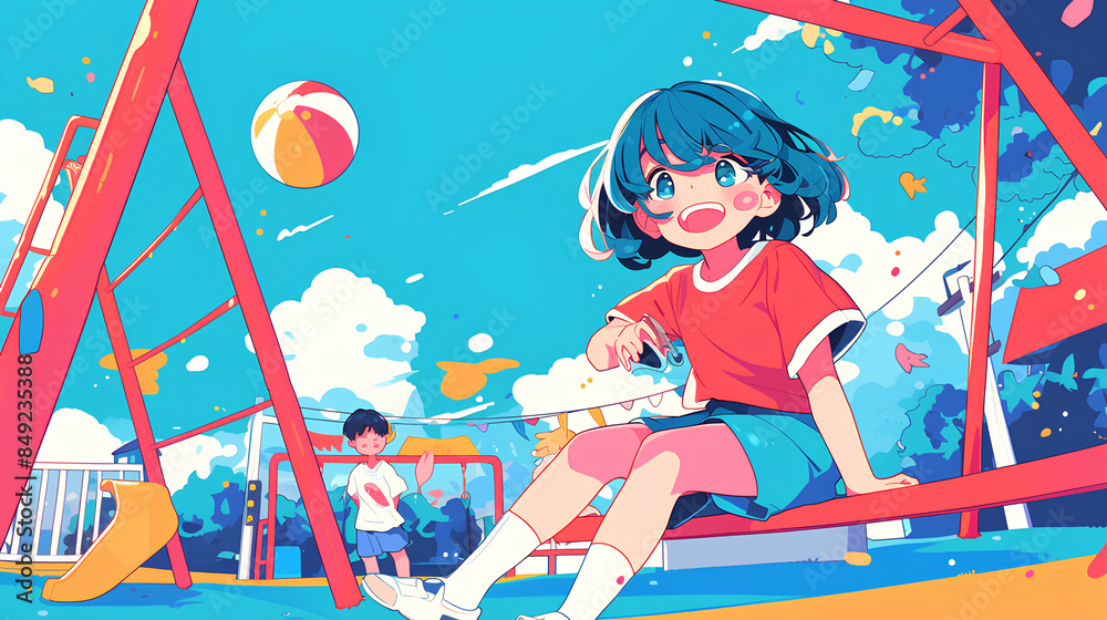 happy children playing on the playground, anime style Stock ...