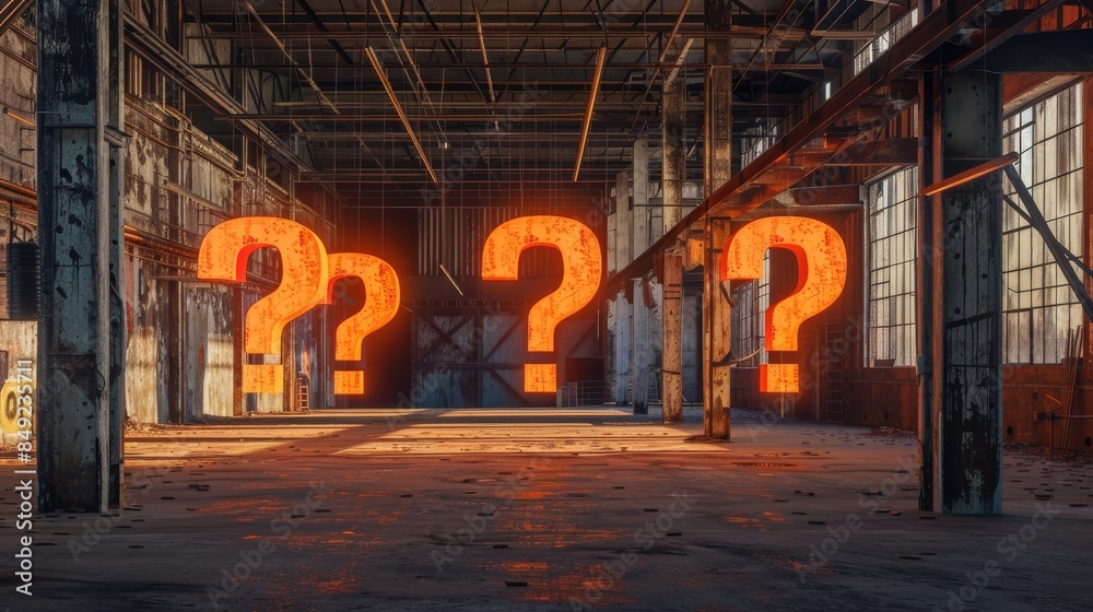 Question marks in an industrial warehouse with an orange theme, a ...