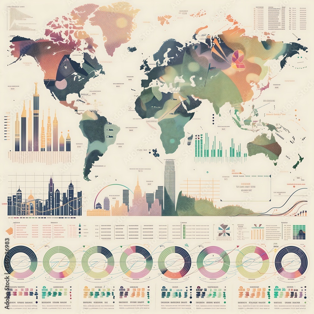 A data-driven infographic showcasing global statistics with world maps ...