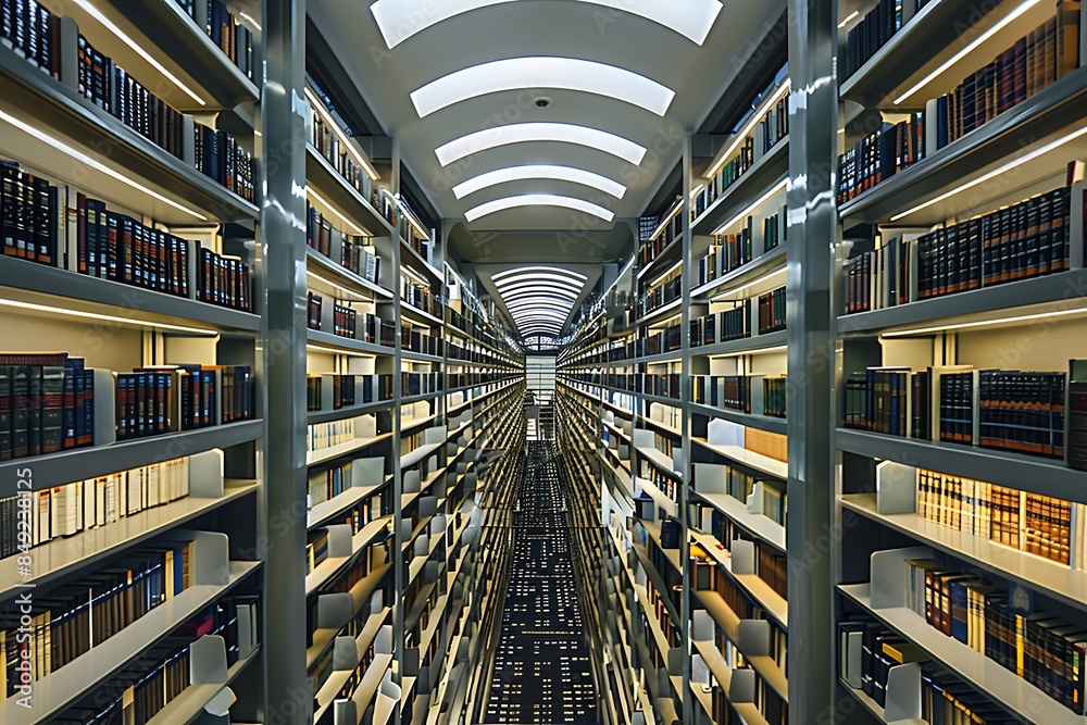 A library with endless rows of books, where the shelves transform into ...