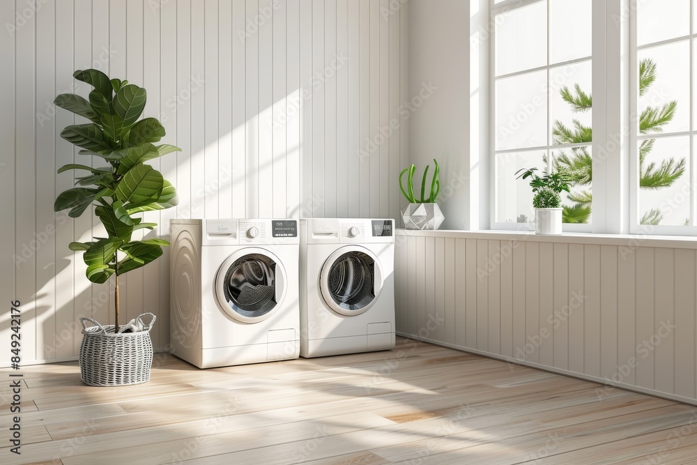 Interior of a laundry room with shelves, washers, and a mock-up wall ...