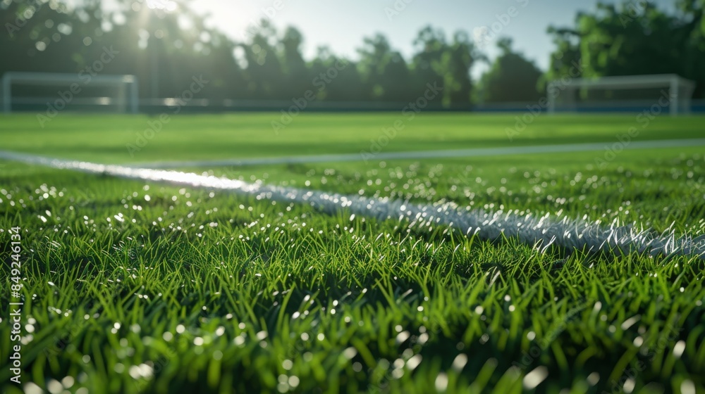 A panoramic view reveals a pristine soccer field, its perfectly ...