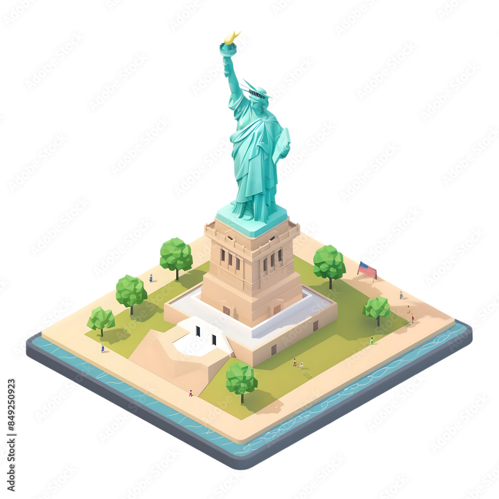 Isometric illustration of the Statue of Liberty on Liberty Island, New ...