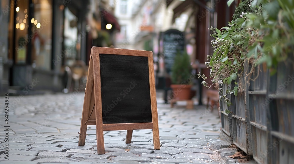 Blank blackboard restaurant shop sign or menu boards near the entrance ...