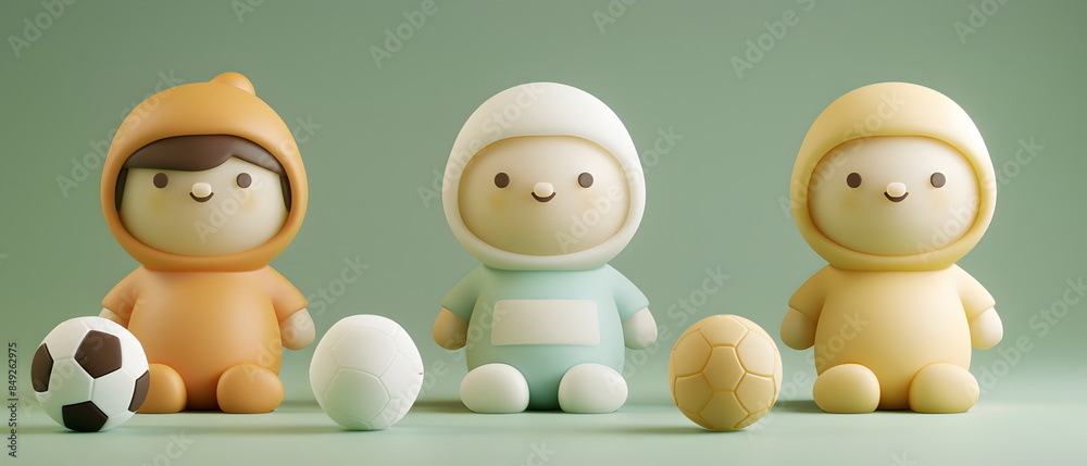 set of Adorable clay ,a soccer players , muted pastels, 3D clay icon ...