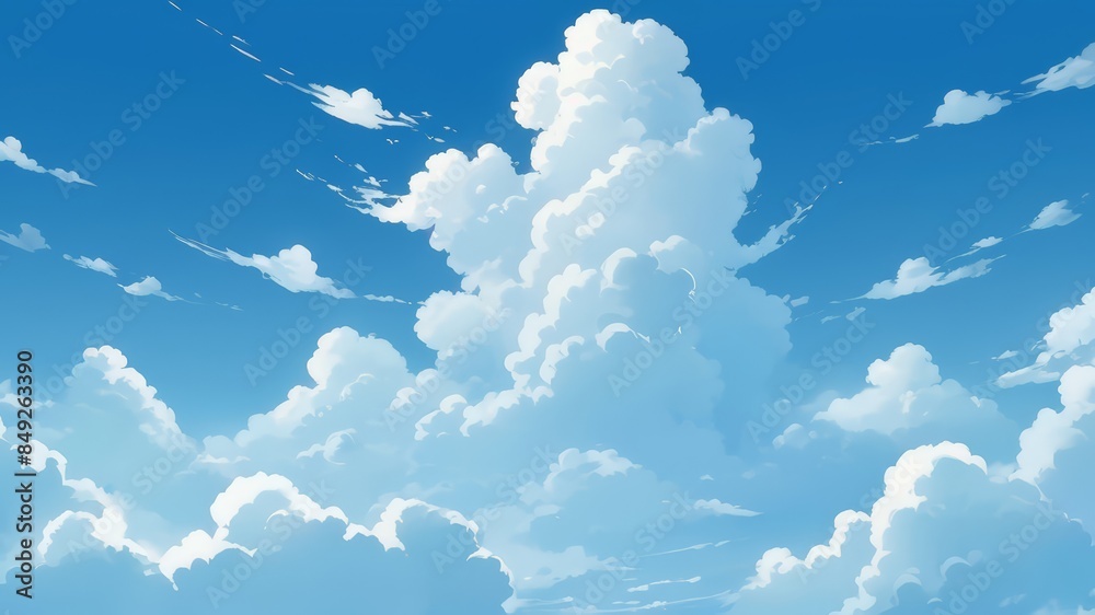 Illustration blue sky with clouds. Anime style background with shining ...