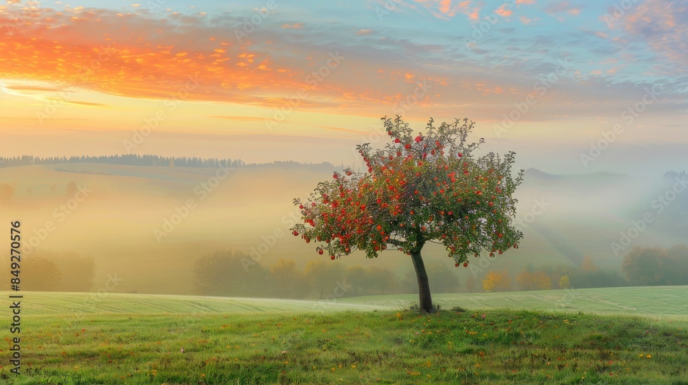 The enchanting scene of a solitary apple tree surrounded by mist on a ...