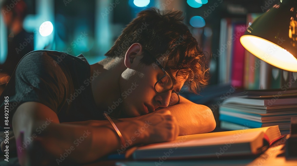 Sleepdeprived student with textbooks and notes, studying late at night ...