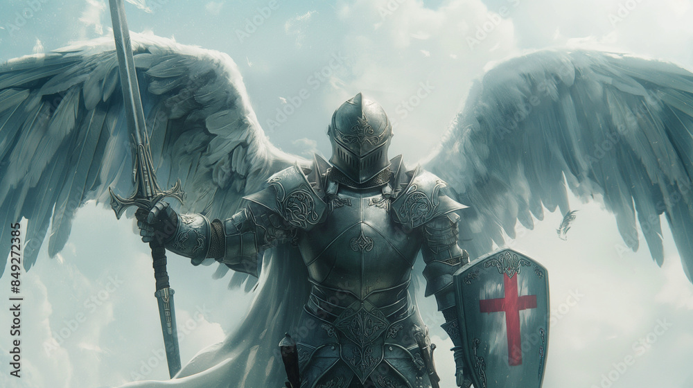 a knight with wings and armor on a white background, with a sword and ...