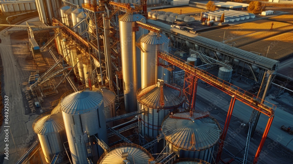 Grain Storage Facility with Silos and Drying Units at Sunset for ...