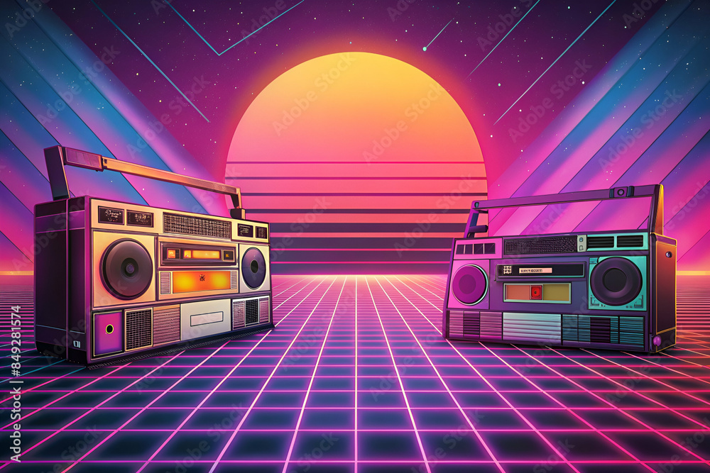 retro background showcasing cassette tapes and boomboxes from the 1980s ...