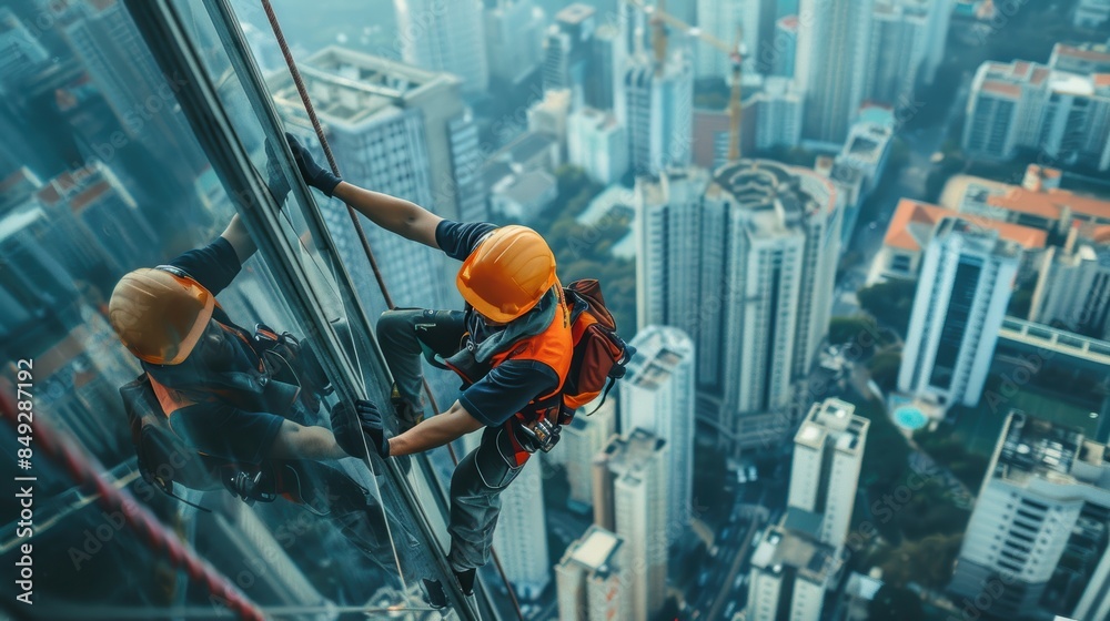 High-rise window cleaner scaling a skyscraper in an urban cityscape ...