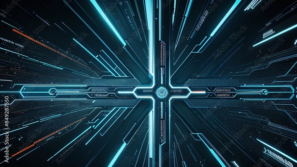 Glowing futuristic computer system interface with bright blue and green ...