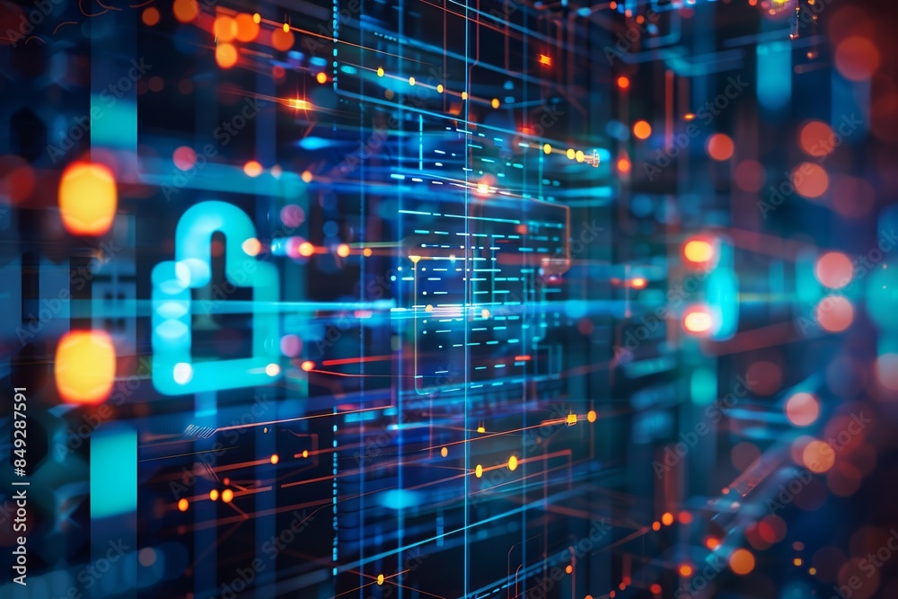 Cybersecurity concept with glowing locks and data streams, fit for tech ...