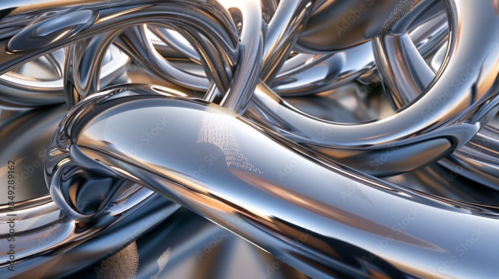 A complex array of smooth, metallic geometric shapes interlocked in a ...