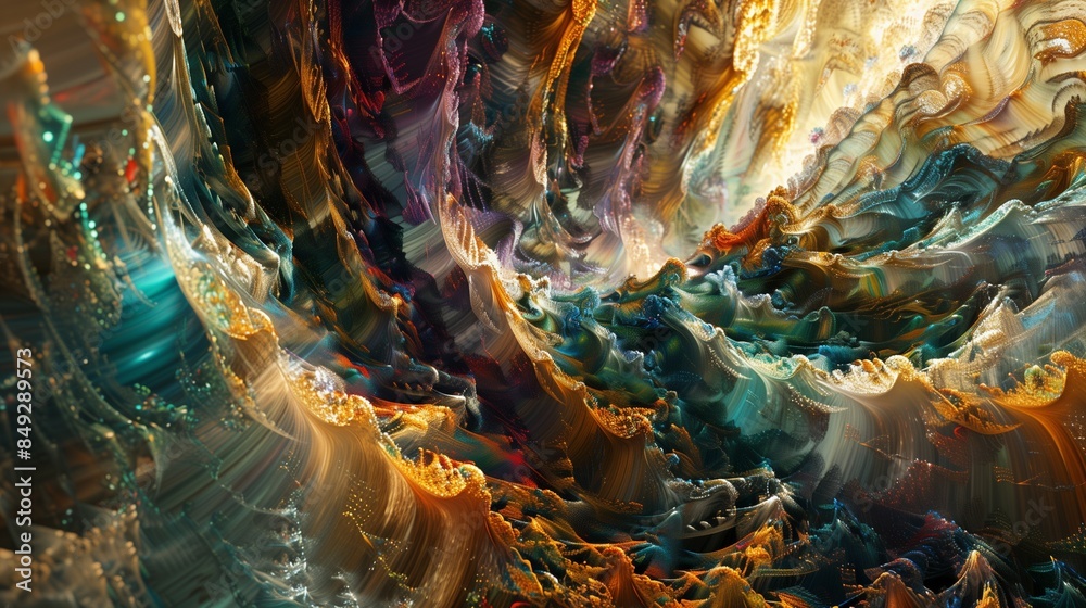 A complex, layered background with mixed jewel tones and a wave-like ...