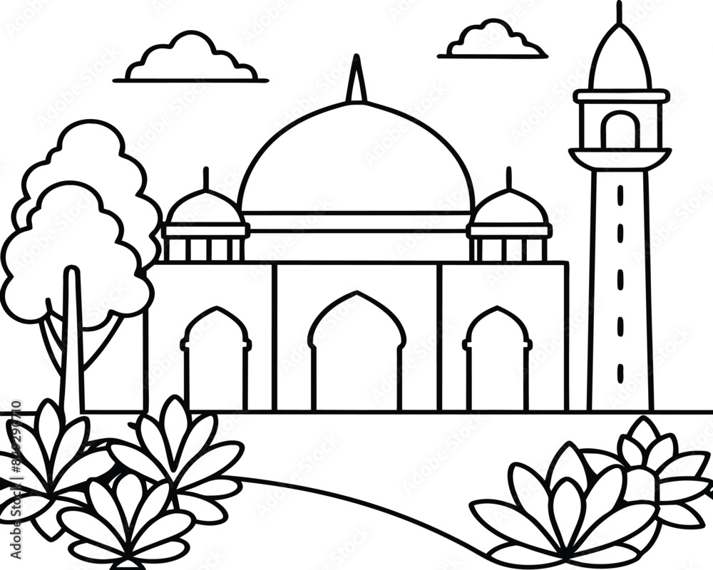 Mosque coloring pages. Outline minaret and dome mosque vector design ...