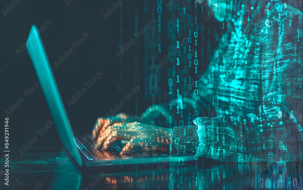 Hacker Typing On Laptop With Digital Binary Code Overlay Dark Web Hacker Attack Virus