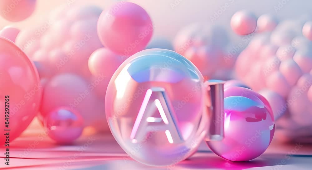 Artistic AI concept with 3D letters and floating spheres. Shiny 3D ...