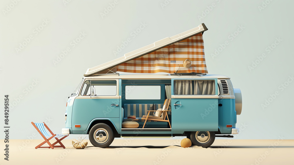 Vintage blue camper van with a pop-up roof parked on a sunny beach with ...