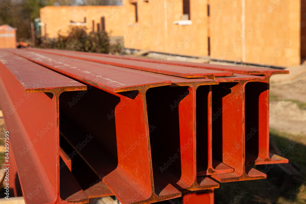 red Steel construction beams at the construction site, filled with ...