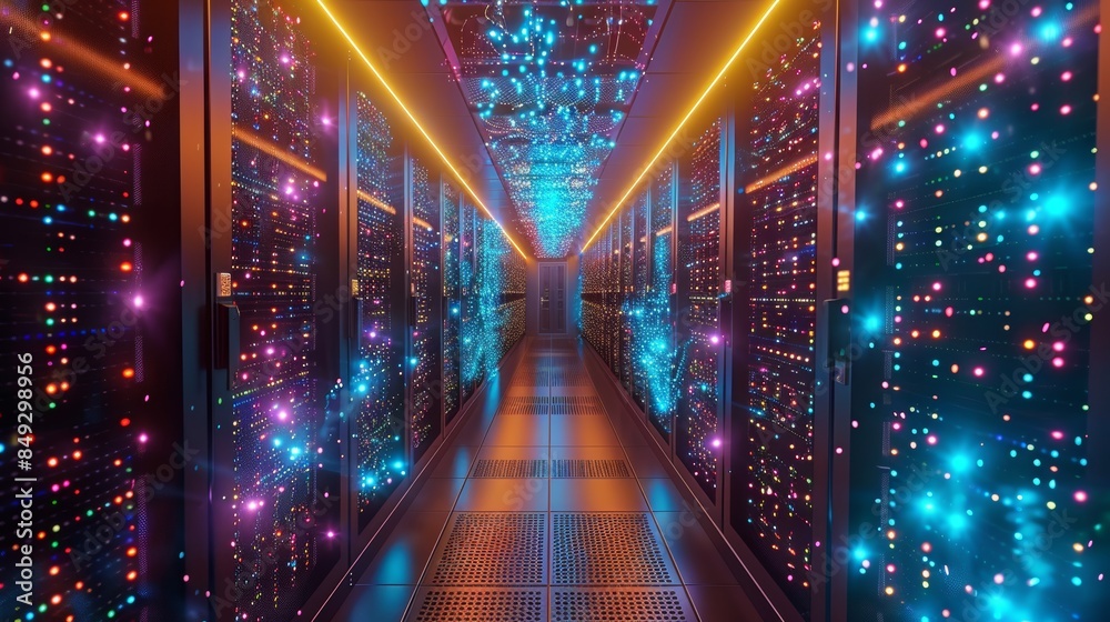 Shot of Corridor in Working Data Center Full of Rack Servers and ...