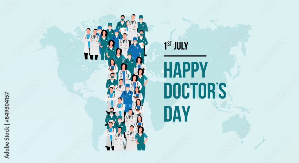 Happy doctors day. A large group of doctors form to create the number 1 ...