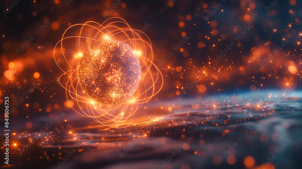 electrons and atoms exploding with running electric circuits glowing ...