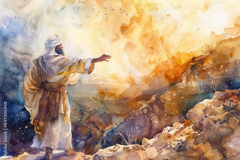 watercolor illustration depicting the biblical story of abrahams call ...