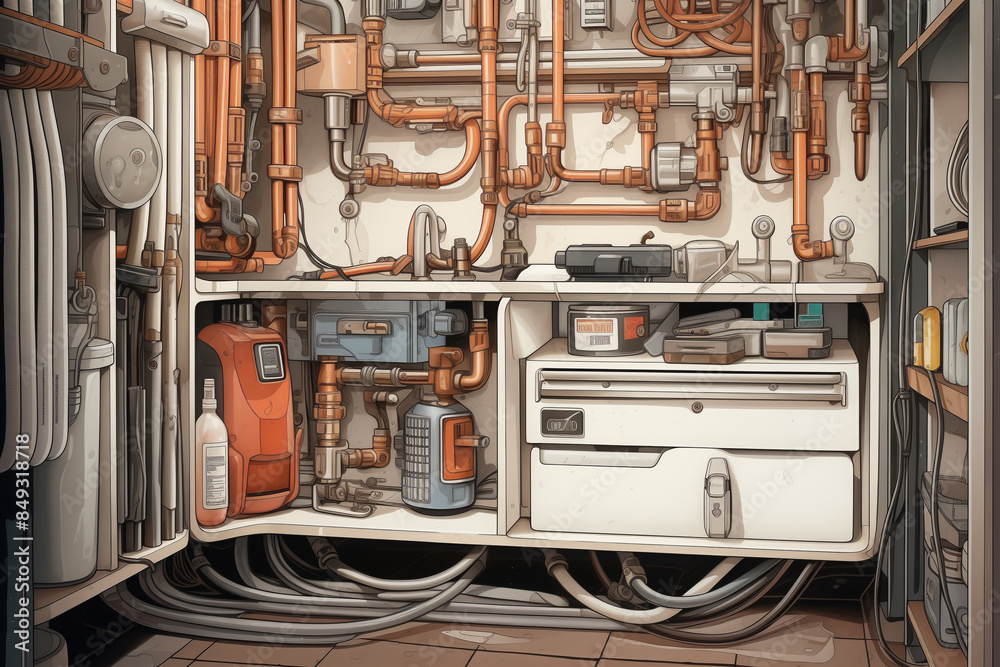 Intricate Network of Plumbing Pipes and Utility Components Under a Sink ...